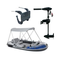 Intex Schlauchboot Excursion 4 Set + Außenbordmotor + Befestigung + Überdachung