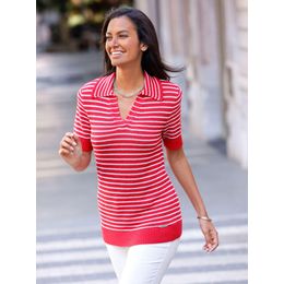 Polokragenpullover Casual Looks "Kurzarm-Pullover" Gr. 54, rot (erdbeere, weiß, geringelt) Damen Pullover Polokragen-Pullover