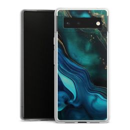 DeinDesign Handyhülle Farbverlauf Marmor Art Blue Gold Ink, Google Pixel 6 Silikon Hülle Bumper Case Handy Schutzhülle, weiß