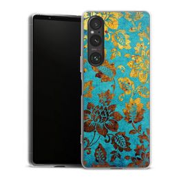 DeinDesign Handyhülle Vintage Ornamente Blumen Blue Vintage, Sony Xperia 1 V Silikon Hülle Bumper Case Handy Schutzhülle, weiß