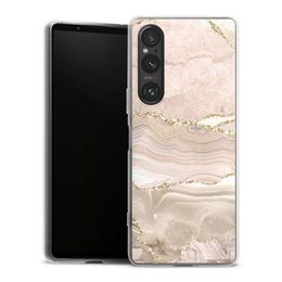DeinDesign Handyhülle Glitzer Look Marmor Utart Rose Marble Dream Golden Stripes, Sony Xperia 1 V Silikon Hülle Bumper Case Handy Schutzhülle, weiß