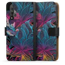 DeinDesign Handyhülle Neon Blumen bunt Neon Flower Power, Huawei Nova 5T Hülle Handy Flip Case Wallet Cover Handytasche Leder, schwarz