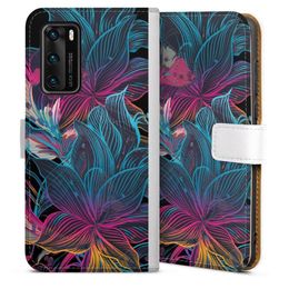 DeinDesign Handyhülle Neon Blumen bunt Neon Flower Power, Huawei P40 Hülle Handy Flip Case Wallet Cover Handytasche Leder, weiß