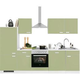 Wiho-Küchen Küchenzeile WIHO KÜCHEN "Husum" Komplettküchen-Sets Gr. B/T: 280 cm x 60 cm, grün (küche: front: avocado, grün, korpus: weiß, arbeitsplatte: weiß) Küchenzeilen mit Elektrogeräte