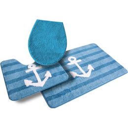 Badematte my home "Anker" Badematten Gr. 3-tlg. Stand-WC Set, 3 St., Polyester, blau (blue) Gemusterte Badematten