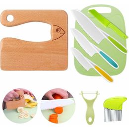 Kindermesser 8-teiliges Kinder-Küchenmesser-Set zum Schneiden und Kochen von Obst oder Gemüse für Kleinkinder, inklusive Holzmesser Schneidebrett