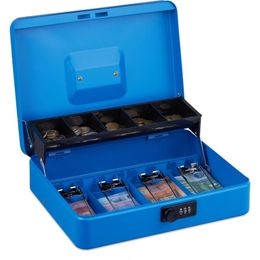 Geldkassette, 3-stellige Zahlenkombination, Münzeinsatz & 4 Scheinfächer, abschließbar, Geldkasse Eisen, blau - Relaxdays