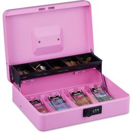 Geldkassette, 3-stellige Zahlenkombination, Münzeinsatz & 4 Scheinfächer, abschließbar, Geldkasse Eisen, rosa - Relaxdays
