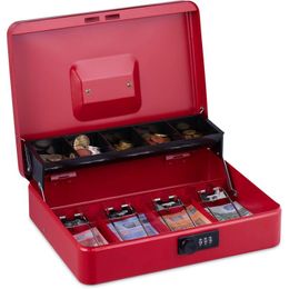 Geldkassette, 3-stellige Zahlenkombination, Münzeinsatz & 4 Scheinfächer, abschließbar, Geldkasse Eisen, rot - Relaxdays