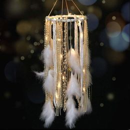 Dream Catcher Mobile Große leuchtende Traumfänger mit goldener glänzender Spitze und Glocken LED-Lichterketten batteriebetriebene hängende Ornamente
