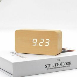 Digitaler Wecker aus Holz, einstellbare Helligkeit, Sprachsteuerung, LED-Uhr, rechteckig, Anzeige, Zeit, Temperatur, Wohnkultur