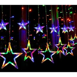 TRADESHOP Led Vorhang mit beleuchteten Sternen 2,5Meter1Meter für Weihnachten Party Deko Schmuck Fensterdeko Schaufenster Girlande Dekoration - Bunt