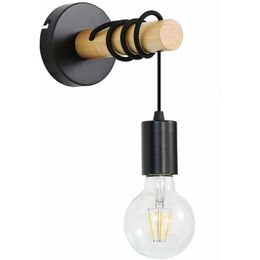 LONGZIMING Wandleuchte aus Holz im Vintage-Stil, industrielle Retro-Wandleuchte, hängende Wandlampe mit rundem Sockel aus Metall, schwarze E27-Wandbeleuchtung
