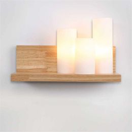LONGZIMING Moderne Holzwandleuchte Vintage Massivholz Innenwandleuchte LED Lampe E27 3 Retro mit Glasschirm Wandleuchte Schlafzimmer Nachttischlampen