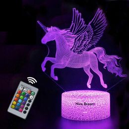 Kinder 3D Einhorn Nachtlicht Fernbedienung 16 wechselnde Farben USB Illusion Nachtlicht Geburtstag Weihnachtsgeschenk