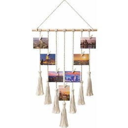 Hanging Photo Display Makramee Wandbehang Bilder Dekor Boho Chic Home Dekoration für Wohnung Schlafzimmer Wohnzimmer Galerie, mit 25 Holzclips