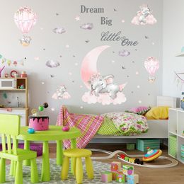 Elefant-Wandaufkleber, rosa Heißluftballon, Mond, graue Sterne, Wandaufkleber für Kinderzimmer, Kinderzimmer, Wohnzimmer, Schlafzimmer, Dekoration,