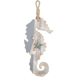 Seepferdchen-Holzdekor mit Seesternen und Muscheln für nautische Dekoration, Wanddekoration, Tür, hängende Verzierung, Strandthema, Heimdekoration.