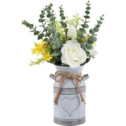 Blumenvase aus Metall, Milchkanne, rustikaler Stil mit Rose und Eukalyptus, Shabby-Chic-Metallvase für rustikale Heimdekoration
