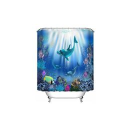 150x180cm Duschvorhang lustiger Delfinfisch im blauen Ozean Polyester wasserdichter Anti-Schimmel-Badvorhang mit 10 Haken, Unterwasserwelt für Kinder