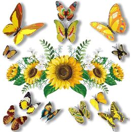 Amirror Smart Ug - Sonnenblumen-Wandtattoo mit 12 Stück 3D-bunten Schmetterlings-Wandaufklebern für Kinderzimmer, Schlafzimmer, Badezimmer, Küche,