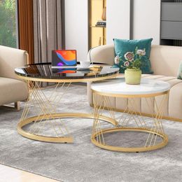 Merax - 2er Set Couchtisch hochglanz rund Satztisch mit golden Metallrahmen, Wohnzimmertisch in Marmoroptik, Sofatisch Beistelltisch aus Holz,