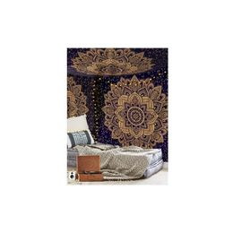 Wandteppich, ombred, Hippie-Wandteppich, mit Psychedelika. aufwendiges Mandala/Boho-Muster Indische Tagesdecke, 150x130cm blau-gold.