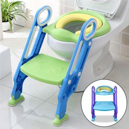 Toilettensitz Kinder mit Treppe, Lerntöpfchen mit Treppe Baby Wc-Sitz mit pu Gepolstert Kissen und Griffen Töpfchen(Blau und Grün) - Aufun