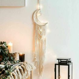 Makramee-Wandbehang mit LED-Licht, gewebter Mond-Traumfänger-Wandteppich –