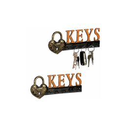 2 x Schlüsselbrett, 5 Haken, Vorhängeschloss & Keys-Schriftzug, Gusseisen, Vintage, hbt: 10 x 26 x 3 cm, orange/schwarz