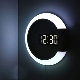 LED Wanduhr Kreative Fernbedienung Digitaluhr Hohlspiegel Temperaturalarm 7 Farbwechsel Nachtlicht für Home Office