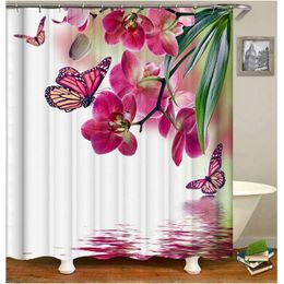 Lycxames - Duschvorhang, Retro-Blumen und Schmetterlinge, Duschvorhang, weiß, rosa, Badvorhang, 120 x 180 cm