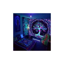 Amirror Smart Ug - Wandbehang mit Mond- und Sonnenmuster, Baum des Lebens, UV-Fluoreszenz, psychedelischer Wandteppich, Mandala-Wandteppich mit Baum
