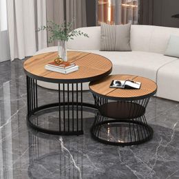 Merax Couchtisch rund Satztisch, Beistelltisch mit Metallrahmen (2-St), Tischplatte aus Holz und Polyrattan, Landhausstil