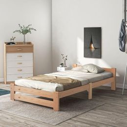 Solide Massivholzbett Futonbett Massivholz Natur Bett aus mit Kopfteil und Lattenrost, 200x90cm FFYCDE000604