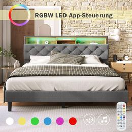 Betten 140x200 cm Polsterbett Doppelbett mit Holzlattenrost und LED-Beleuchtung grau - Grau