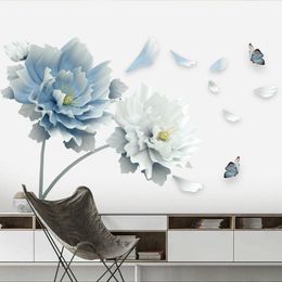 Große weiße blaue Blume Lotus Schmetterling entfernbare Wandaufkleber 3D Wandkunst Aufkleber Wandkunst für Wohnzimmer Schlafzimmer Wohnkultur