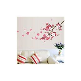 Wandaufkleber Kirschblüten mit Schmetterlingen rosa rot (90 x 30 cm) i Sakura-Ranke Blumenzweig Baum selbstklebender Wandaufkleber für Wohnzimmer,