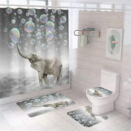 Lustiges Elefanten-Duschvorhang-Set, Elefant, der Blasen bläst, Duschvorhänge mit Teppichen, wasserdicht, langlebig, Badezimmerdekoration, Tierdruck,