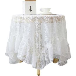 Weiße Spitze-Tischdecke mit Rüschen, Tischrock für Beistelltisch, Couchtisch, Teetisch, Hochzeitsbankett, 110 x 110 cm