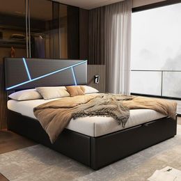 Bequemes Polsterbett mit LED-Lichtleisten,140200 cm, Doppelbett mit Lattenrost, Rückenlehne, hydraulisches Funktionsbett, Synthetisches Leder,