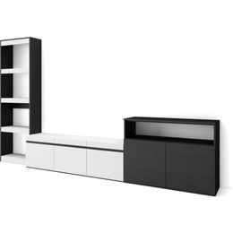 Wohnwand Wohnzimmer - Wohnzimmermöbel, Möbelset - 310x186x35cm - Für TV-Geräte bis zu 65' - Wohnzimmer Möbel - Moderner Stil - Weiß und Schwarz