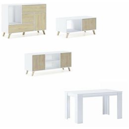 Set Wind, Esszimmer, Farbe der Struktur Weiß und Farbe der Türen und Schubladen Eiche - Sideboard - tv Möbel - Couchtisch - fester Tisch Weiß - weiss