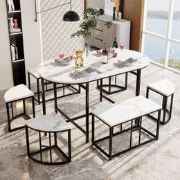 Esszimmertisch-Set mit sechs Stühlen,Essgruppe mit weißen MDF-Sitzfläche und schwarzen Eisenrahmen,Moderne Luxustische und -stühle Okwish Schwarz b