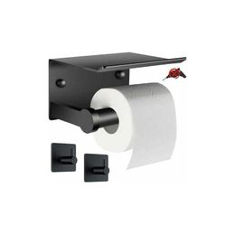 Toilet Paper Holder, No Drilling Toilet Paper Holder & Adhesive Hook, Fabric Holder with Spacious Shelf for Kitchen and Bathroom (Black)