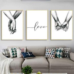 Love and Hand in Hand Wandkunst auf Leinwand, Poster, einfache Mode, Schwarz-Weiß-Skizze, Strichzeichnung, Dekoration für Zuhause, Wohnzimmer,