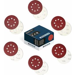 LYCXAMES Box mit 60 Schleifscheiben für 125-mm-Schleifer – Set inklusive 10 Stück P40 / 60/80 / 120/180 / 240 Papier – Schleifpapier mit 8 Löchern –