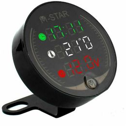 4-in-1-Motorrad-ATV-Voltmeter + elektronische Uhr + Thermometer + Stoppuhr Digitaler LED-Temperatur-Spannungsprüfer, Schwarz