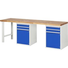 Werkbank Serie 7000 - Modell 7503 HxBxT 84x250x70cm 4x Schublade + 2x Flügeltür + 2x Fachboden Schubladenmaße 4x90mm Lichtgrau