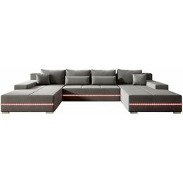 Sofa Malbun mit Schlaffunktion - Wohnlandschaft mit Bettkasten & led - Stoff Bezug Schlafsofa Wohnzimmer u Form Couch Beleuchtung - Hellgrau - Juskys